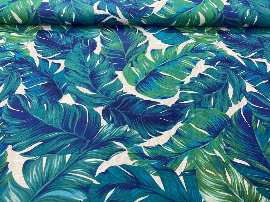 Lielas zili zaļas lapas, balts pamats, 220 cm - 100% Kokvilnas Audumi